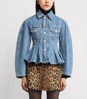 GANNI Pleated Stripe Denim Jacket - Blue