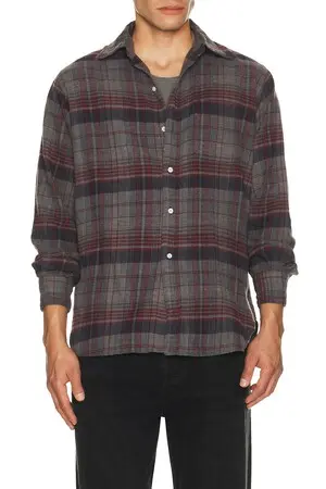 BEAMS Open Collar Brushed Satin Plaid Shirt