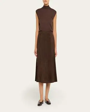 Vince Mid-rise Flared Suede Midi Skirt