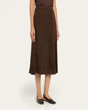 Vince Mid-rise Flared Suede Midi Skirt