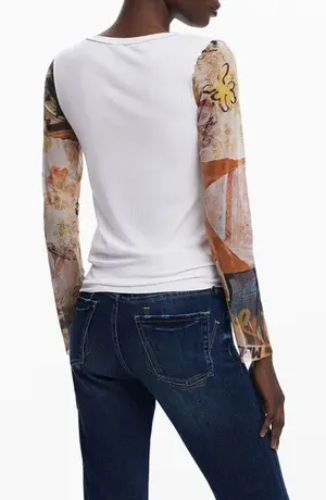 Desigual Mesh Sleeve Scoop Neck Rib Top