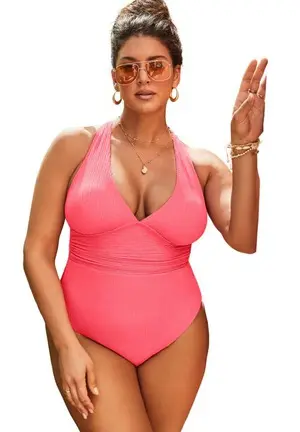 SWIMSUITS FOR ALL Sparkle Ribbed V-neck One-piece Swimsuit - Coral Reef