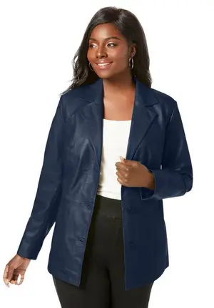 JESSICA LONDON Genuine Leather Tailored Blazer - Navy