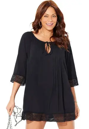 SWIMSUITS FOR ALL Giana Crochet Cover Up Tunic - Black