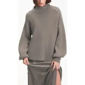 Deluc Nelson Balloon Sleeve Ribbed Mock Neck Sweater - Melange Mink