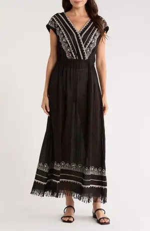 Elan Embroidered Cover-up Maxi Dress - Black