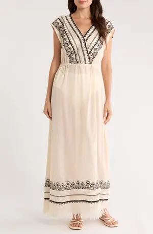 Elan Embroidered Cover-up Maxi Dress - Natural