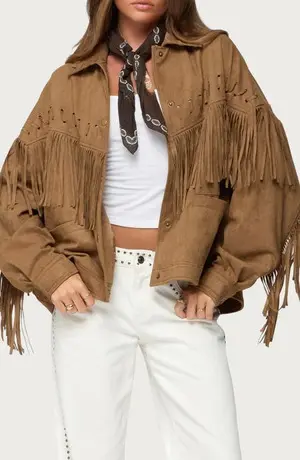 EDIKTED Fringe Faux Suede Jacket - Brown