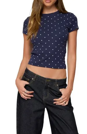 EDIKTED Polka Dot Crop T-shirt - Navy