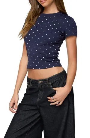 EDIKTED Polka Dot Crop T-shirt - Navy