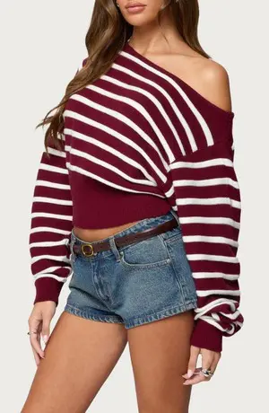 EDIKTED Striped Off-the-shoulder Cropped Sweater
