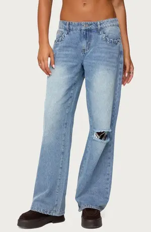 EDIKTED Dutton Distressed Low Rise Jeans - Light-blue