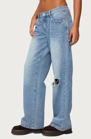 EDIKTED Dutton Distressed Low Rise Jeans - Light-blue