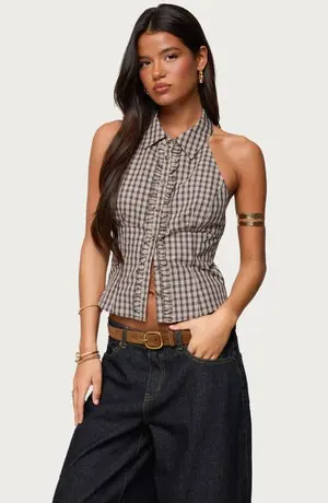 EDIKTED Imrie Ruffle Plaid Halter Top
