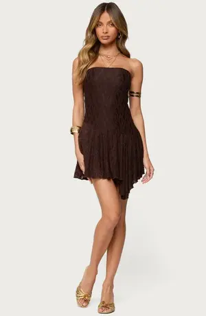 EDIKTED Elaia Lace Strapless Mini Dress - Brown