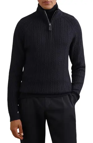 REISS Loxley Quarter Zip Cable Knit Sweater - Navy