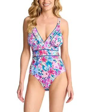 Tommy Bahama Watercolor Floral V-neck One-piece Swimsuit - Dusty Lupine