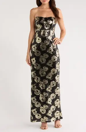 CECE DUPRAZ Floral Sequin Strapless Gown