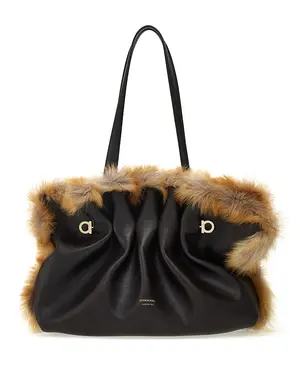 FERRAGAMO Pierced Leather & Shearling Shoulder Bag