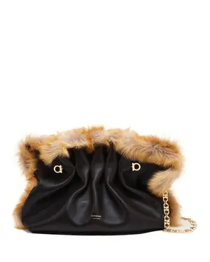 FERRAGAMO Pierced Leather & Shearling Shoulder Bag