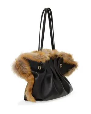 FERRAGAMO Pierced Leather & Shearling Shoulder Bag