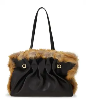 FERRAGAMO Pierced Leather & Shearling Shoulder Bag