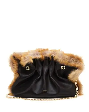 FERRAGAMO Pierced Leather & Shearling Shoulder Bag