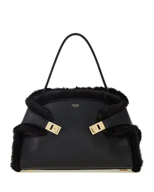 FERRAGAMO Hug Leather & Shearling Shoulder Bag