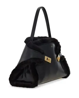 FERRAGAMO Hug Leather & Shearling Shoulder Bag