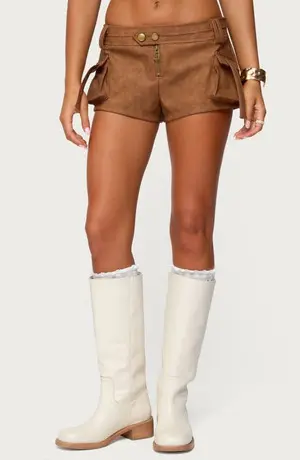 EDIKTED Washed Faux Leather Micro Cargo Shorts - Tan