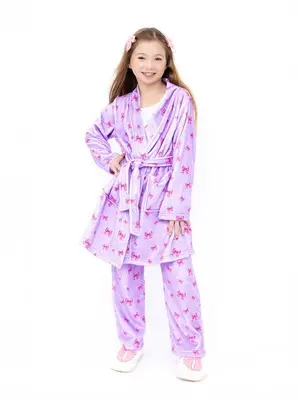 PREPPY GOOSE Plush Holiday Bows Loungewear Robe - Lavender