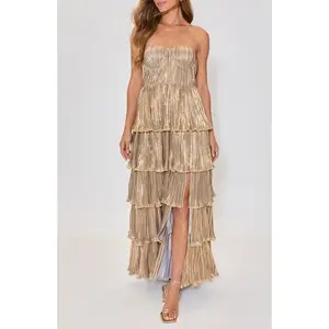 Vici Metallic Pliss Tiered Strapless Gown - Gold | Editorialist