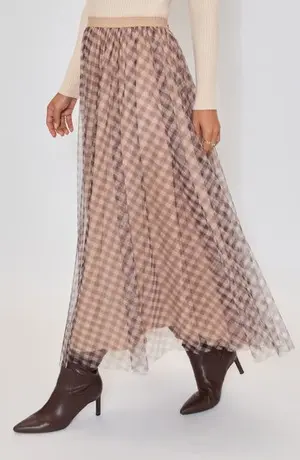 VICI Gingham Mesh Overlay Maxi Skirt