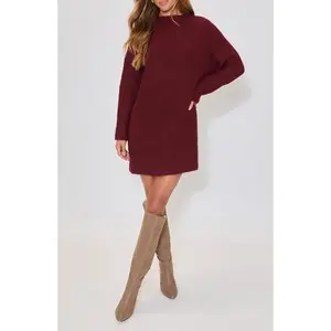 VICI Long Sleeve Ribbed Sweater Dress - Burgundy