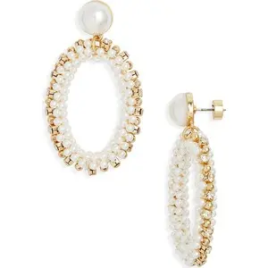 Nordstrom Faux Pearl And Rhinestone Hoop Drop Earrings - White- Clear- Gold