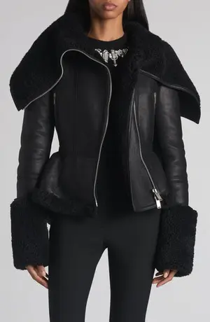 Alexander McQueen Oversized Collar Shearling Moto Jacket