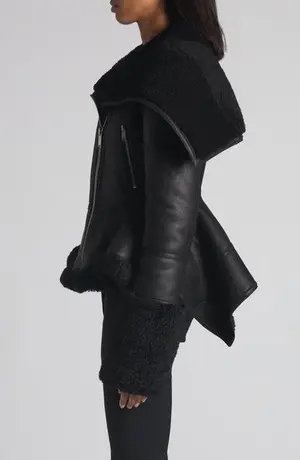 Alexander McQueen Oversized Collar Shearling Moto Jacket
