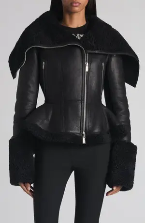 Alexander McQueen Oversized Collar Shearling Moto Jacket