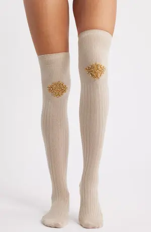 HIGH HEEL JUNGLE Trinket Crystal Embellished Knee-high Socks - Mid Beige