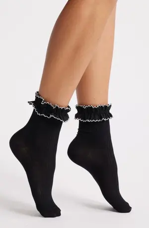 HIGH HEEL JUNGLE Frilly Cuff Crew Socks - Nero