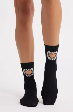 HIGH HEEL JUNGLE Crystal Heart Cutout Crew Socks - Black