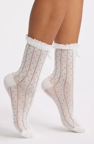 HIGH HEEL JUNGLE Assorted Ruffle Cuff Semisheer Crew Socks - White