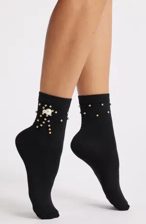 HIGH HEEL JUNGLE Heirloom Imitation Pearl Crew Socks - Black
