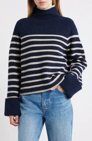 Rag & Bone Stripe Wool Cuff Sleeve Funnel Neck Sweater - Navy