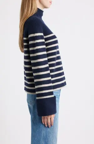Rag & Bone Stripe Wool Cuff Sleeve Funnel Neck Sweater - Navy