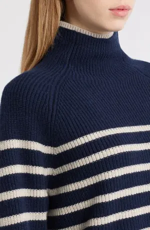Rag & Bone Stripe Wool Cuff Sleeve Funnel Neck Sweater - Navy