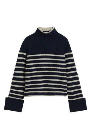 Rag & Bone Stripe Wool Cuff Sleeve Funnel Neck Sweater - Navy