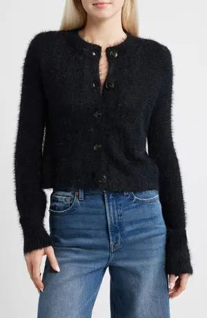 ALL IN FAVOR Fuzzy Knit Cardigan - Black