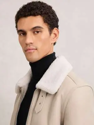 REISS Leather Jacket With Shearling-collar - Light Stone