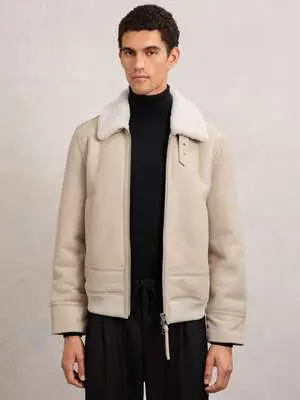 REISS Leather Jacket With Shearling-collar - Light Stone